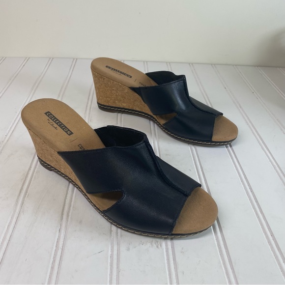 Clarks | Shoes | Clarks Collection Lafley Black Leather Cork Wedge ...
